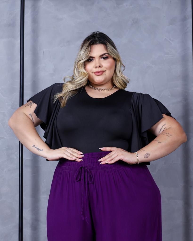 Body Feminino Plus Size Preto com Manga-atacado-rua-44-goiania
